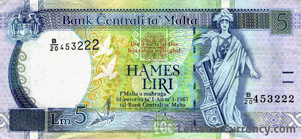 5 Maltese Lira banknote - Exchange yours for cash today