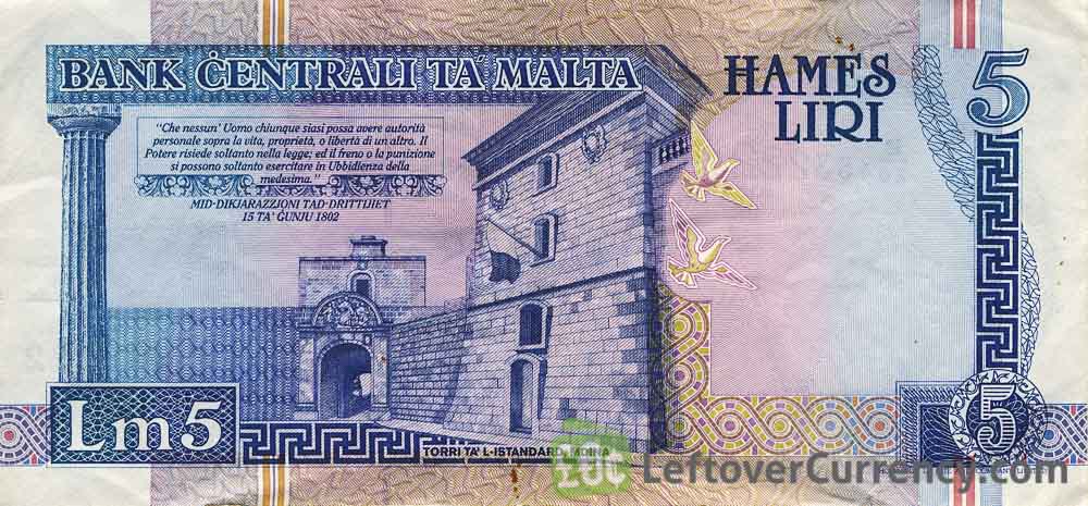 5 Maltese Lira banknote - Exchange yours for cash today