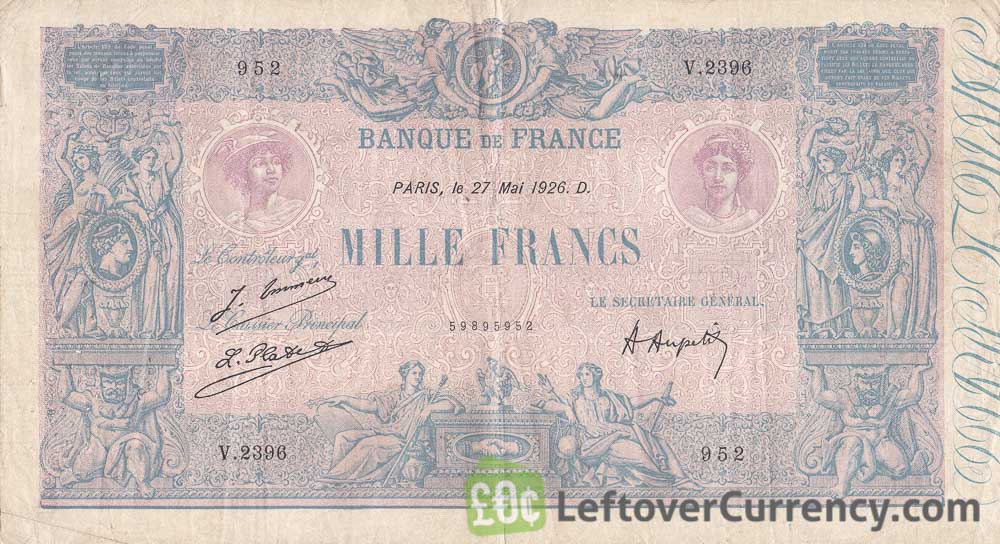 1000 French Francs note (Bleu & Rose) - Exchange yours for cash today