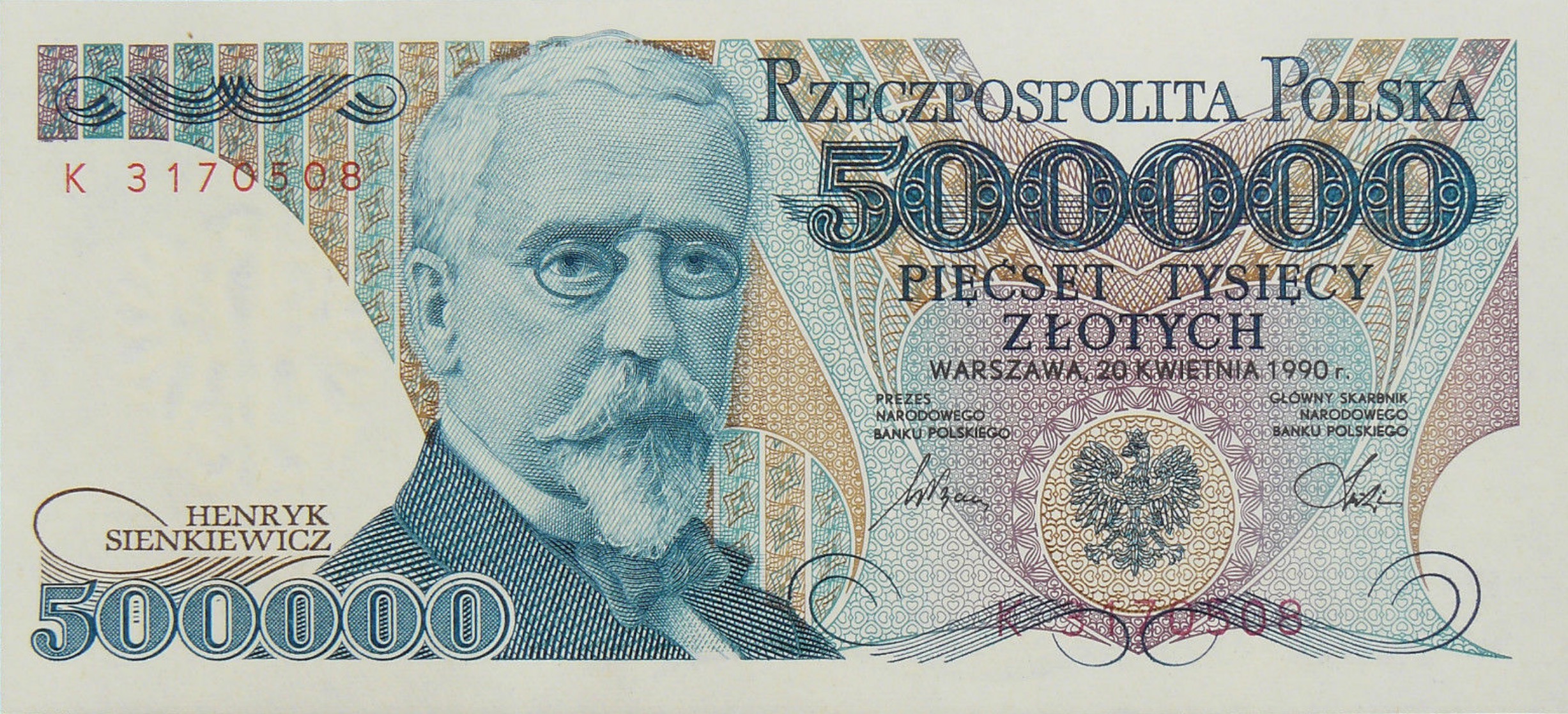 500000 old Polish Zloty banknote Henryk Sienkiewicz - Exchange yours