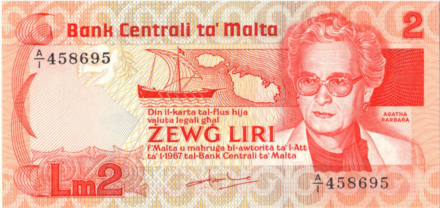 2 Maltese Liri banknote (Agatha Barbara) - Exchange yours for cash