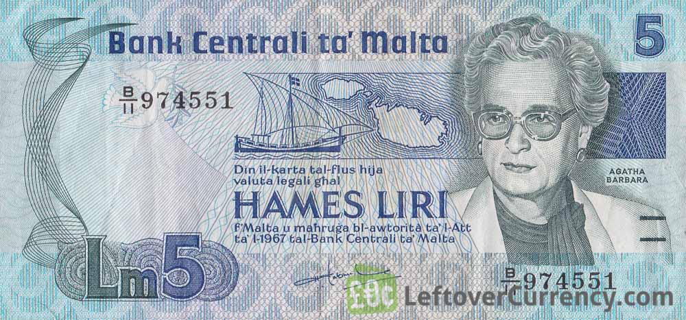 5 Maltese Liri banknote (Agatha Barbara) - Exchange yours for cash